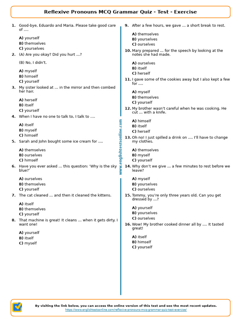 766 Reflexive Pronouns MCQ Grammar Quiz Test Exercise | PDF