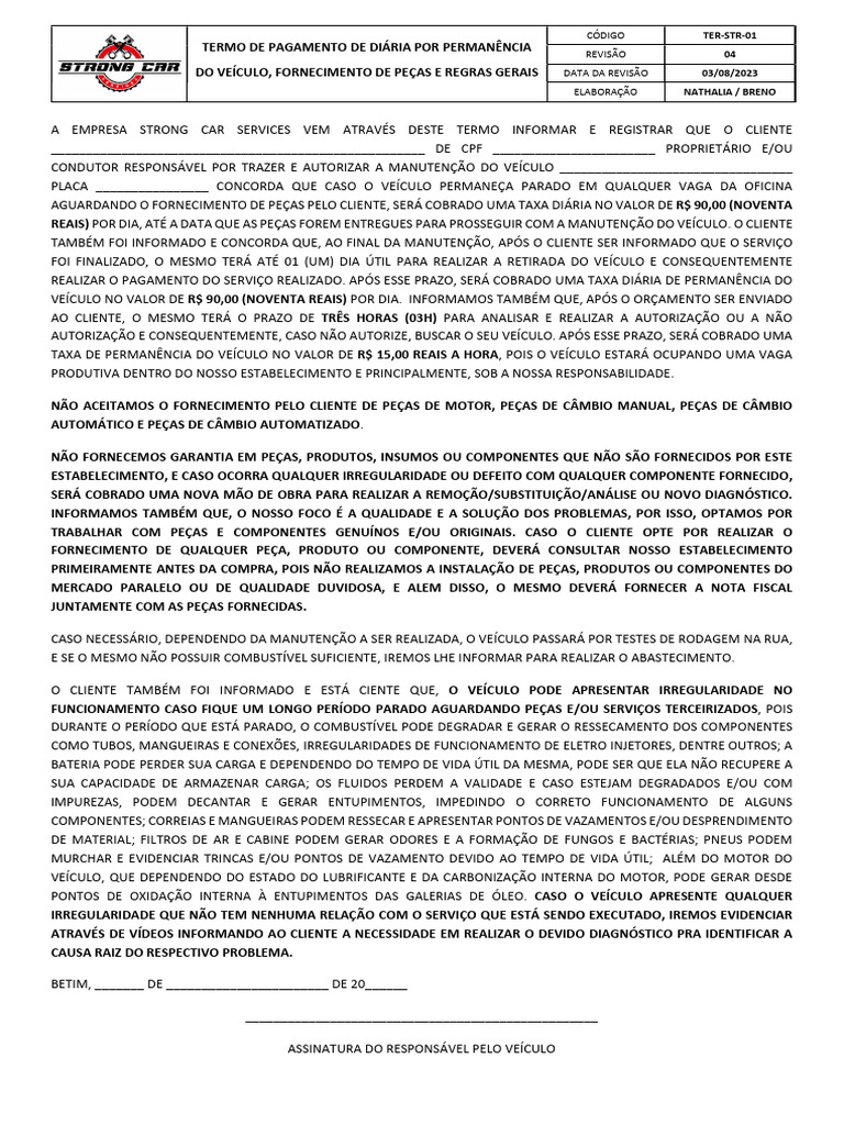 Termo De Permanência Do Veículo Pdf