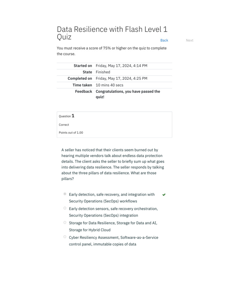 Data Resilience With Flash Level 1 Quiz | PDF | Backup | Disaster Recovery