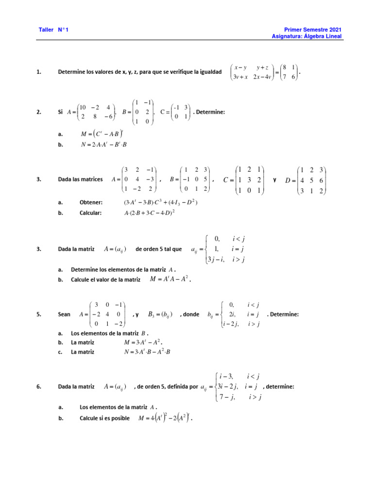 Taller 01 - Matrices - 01 - Uautonoma | PDF | Matriz (Matemáticas) | Álgebra