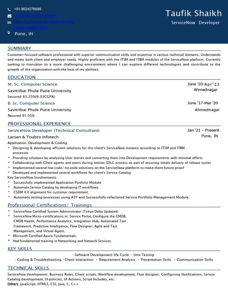 ServiceNow Developer Resume - Taufik Shaikh | PDF | Software ...