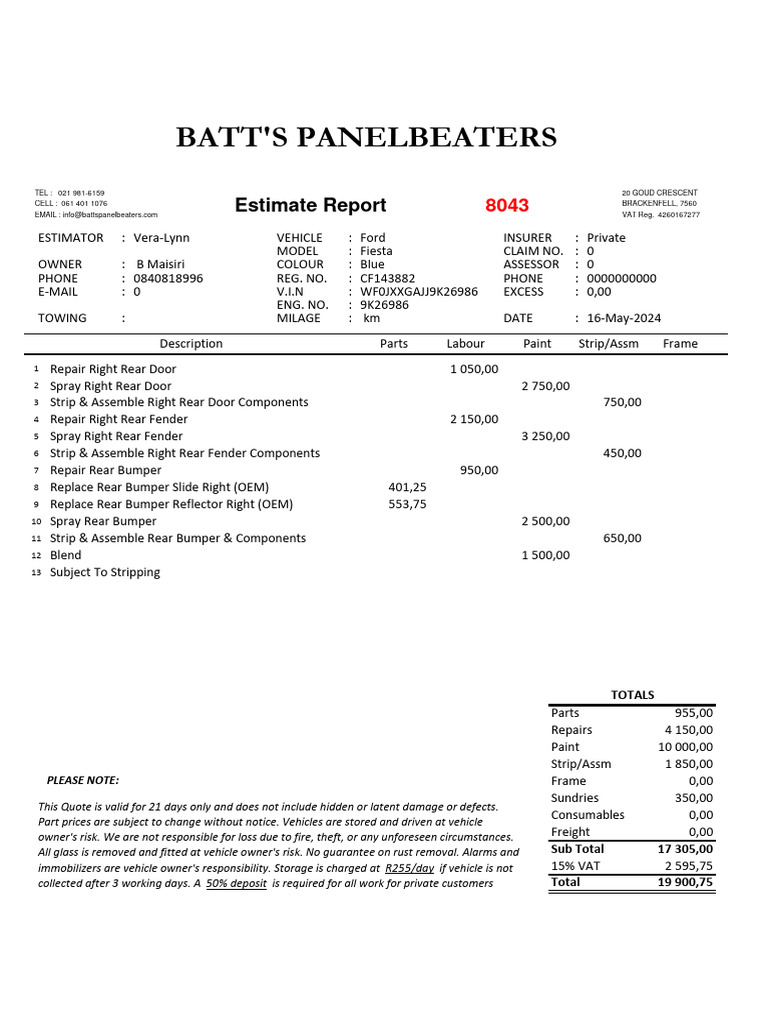 Batt'S Panelbeaters: Estimate Report | PDF | Ford Motor Company | Cars ...