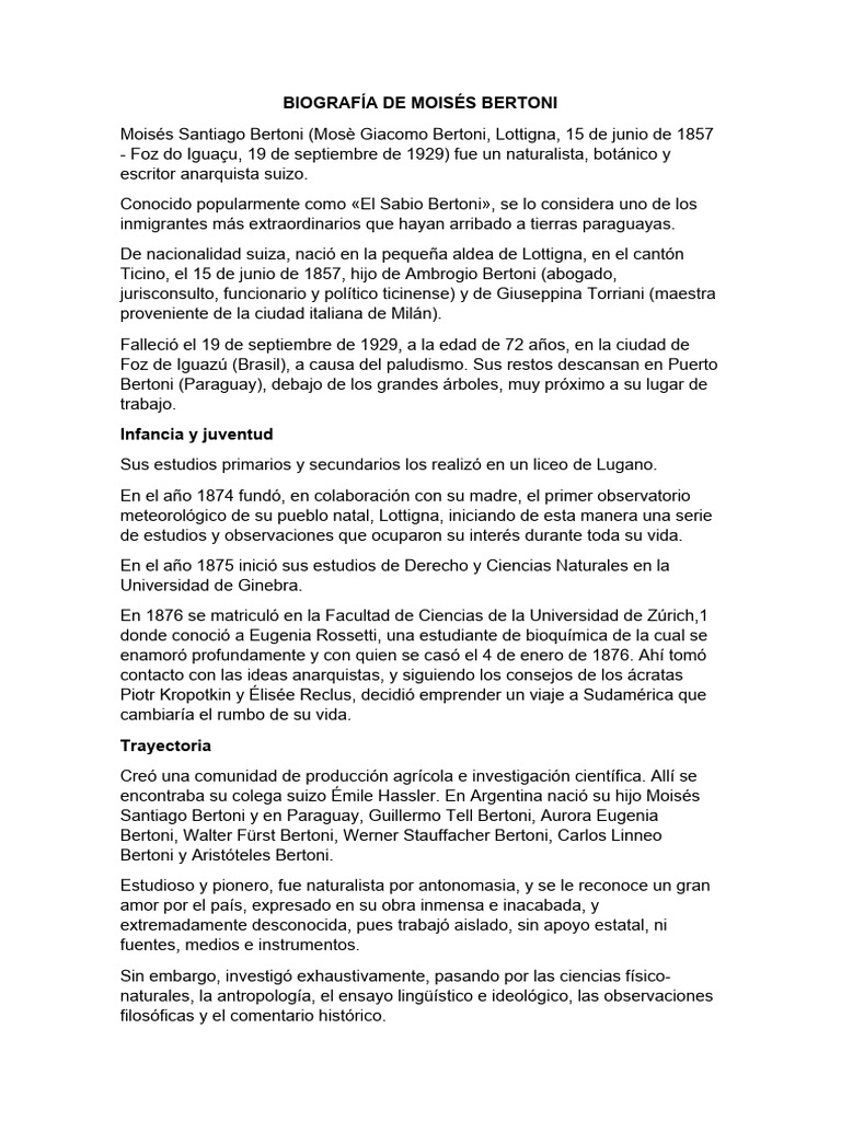 Biografía de Moisés Bertoni | PDF | Historia