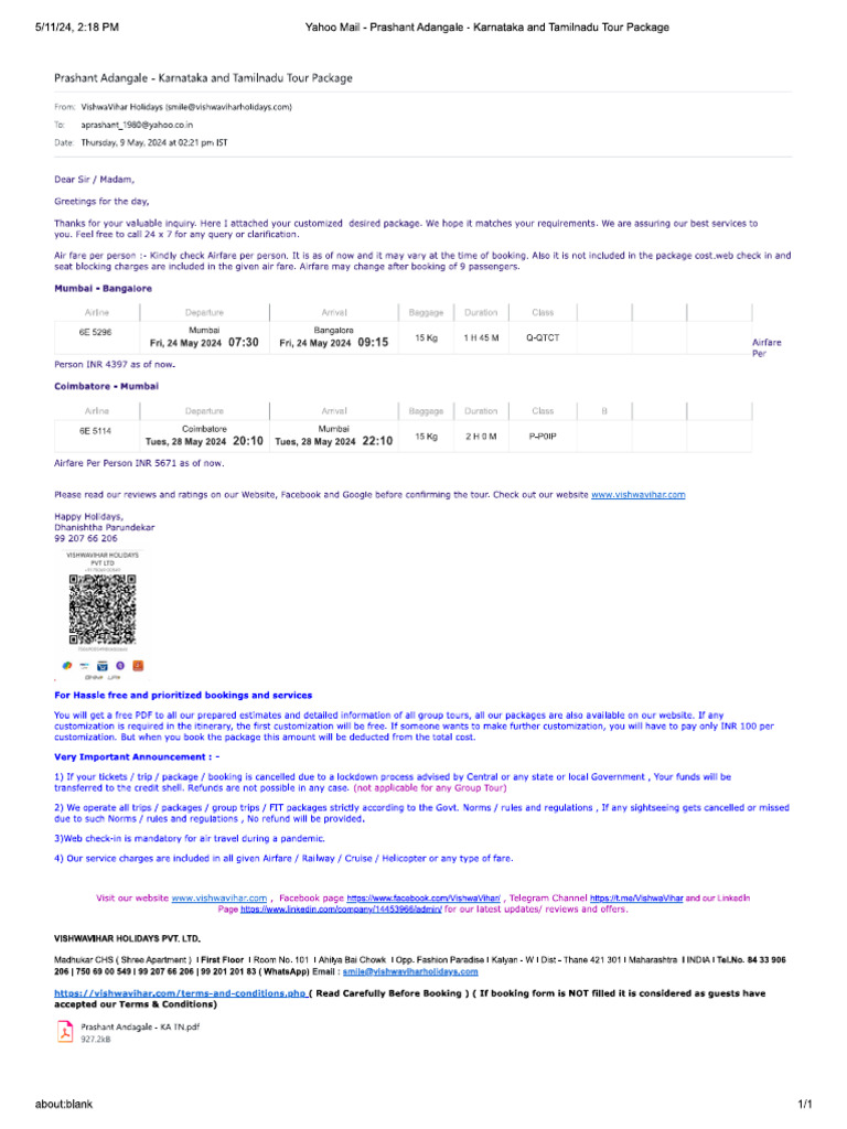Mysore OOTY Flight | PDF
