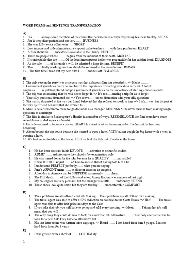 Word Forms and Sentence Transformation | PDF | Biology