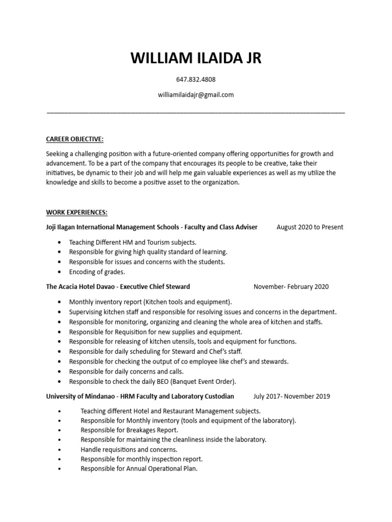 William - Ilaida.jr Resume | PDF | Chef