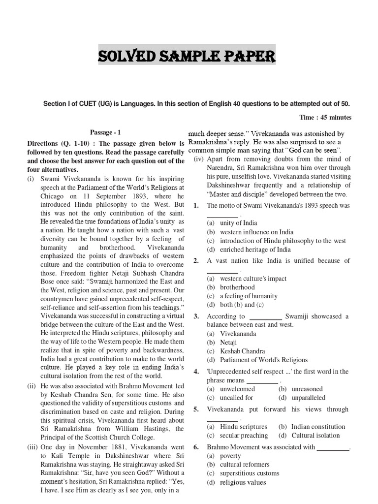 CUET-Language Sample Paper 1 3 | PDF | Swami Vivekananda | Ramakrishna