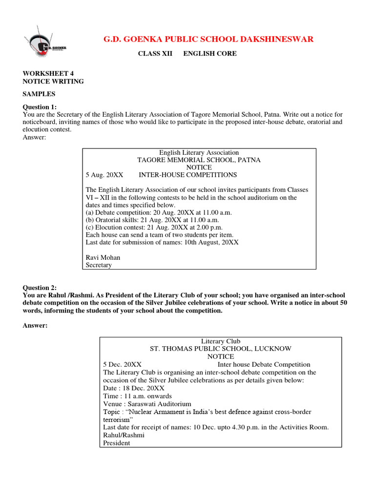 Class Xii - Eng - Worksheet - Notice Writing | PDF