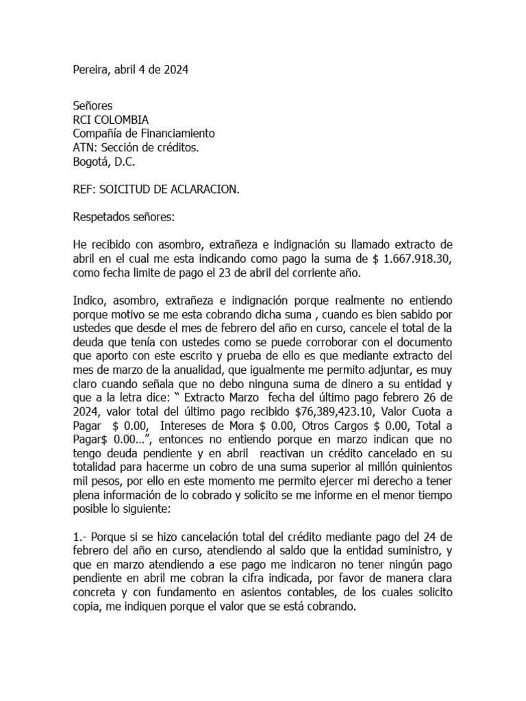 Carta a Rci de Diana Tapasco Ref. Extracto de Abril 2024 | PDF | Crédito | Finanzas y ...