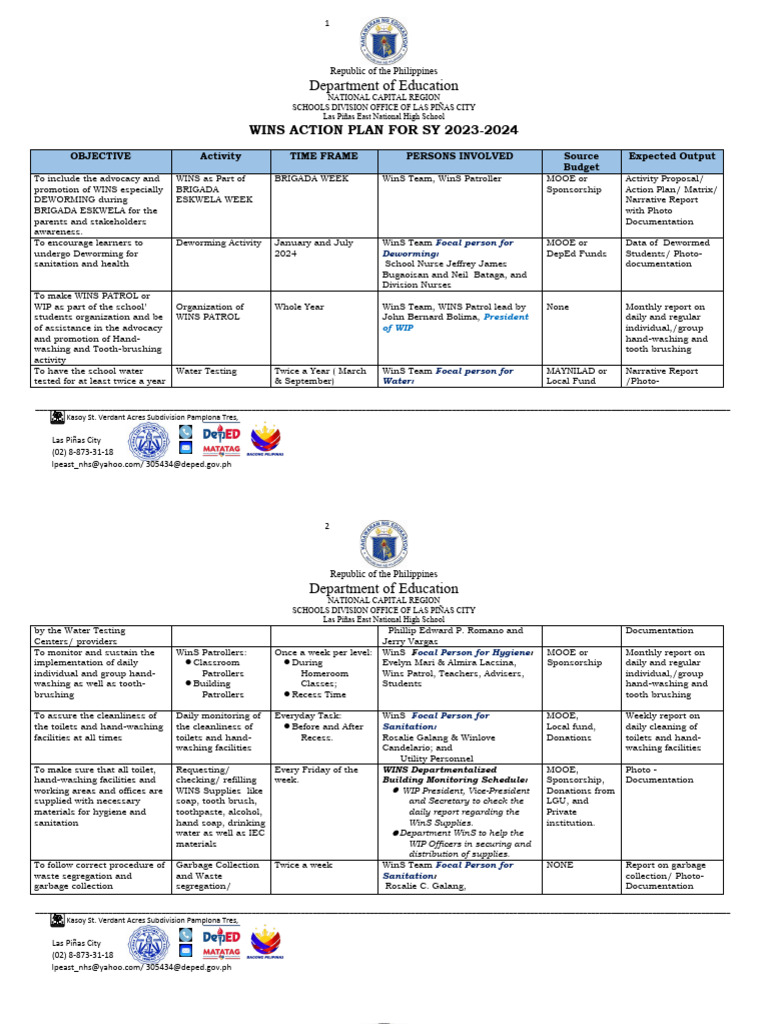 WinS Final Action Plan 202324.docx23 | PDF | Hand Washing | Hygiene