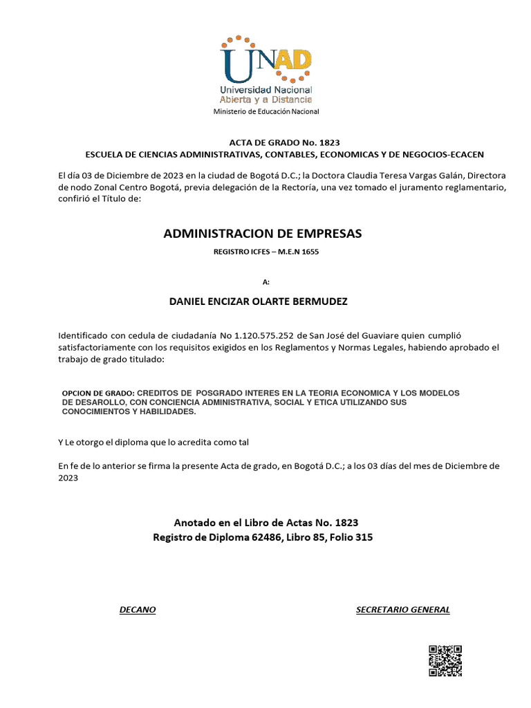 Acta de Grado UNAD Daniel 12 | PDF | Negocios