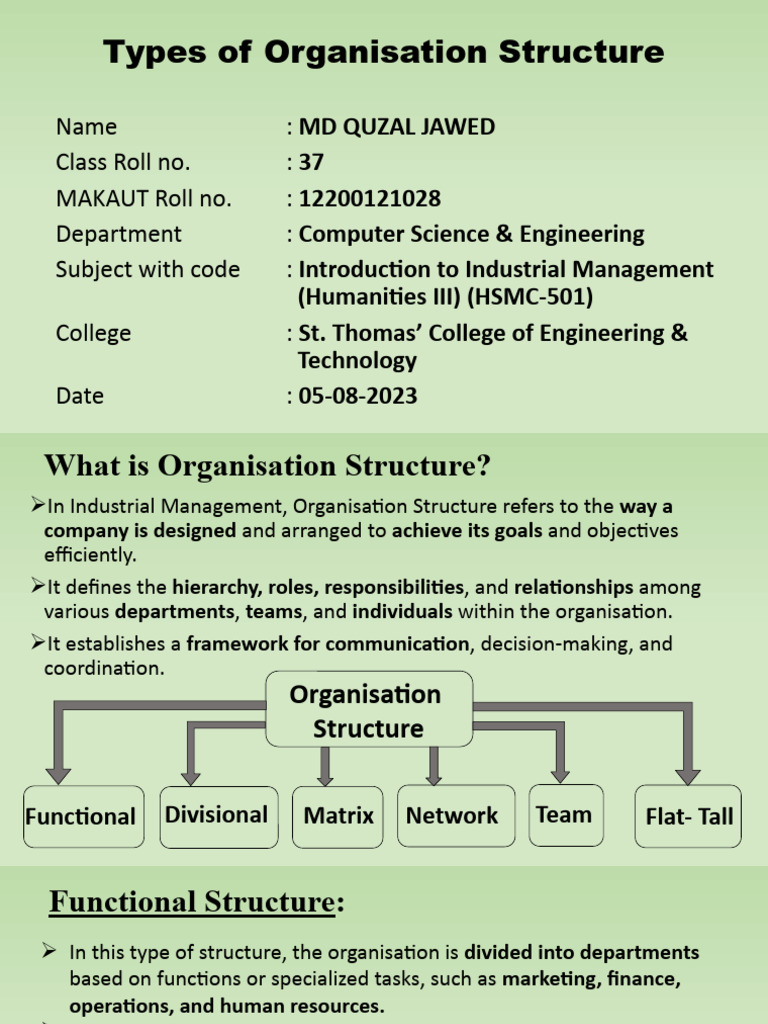 Types of Organisation Structure: (Humanities III) (HSMC-501) Technology ...