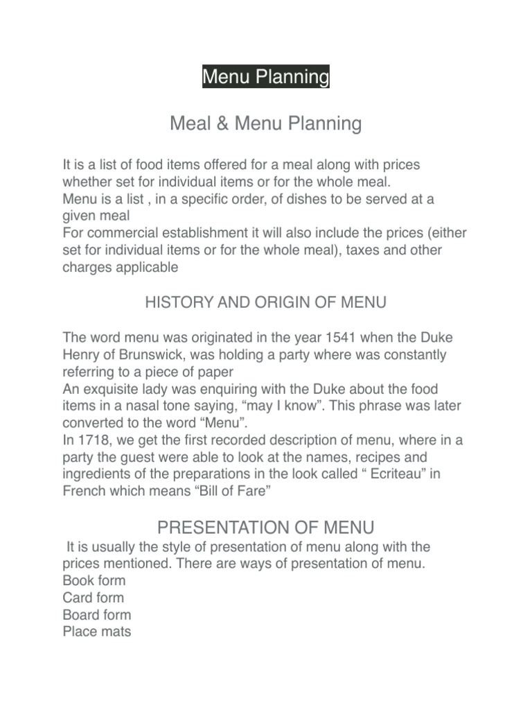 Menu Planning | PDF | Menu | Restaurants