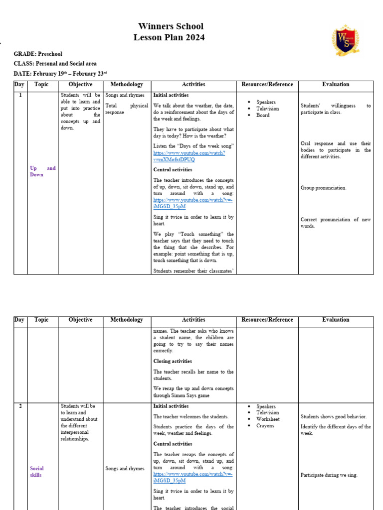Winners School Lesson Plan Week 2 | Download Free PDF | Perception | Teachers