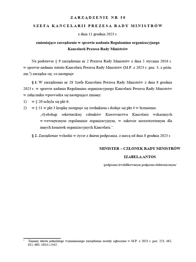 Zarządzenie NR 30 Szefa KPRM Z Dnia 11 Grudnia 2023 R Zmieniające ...