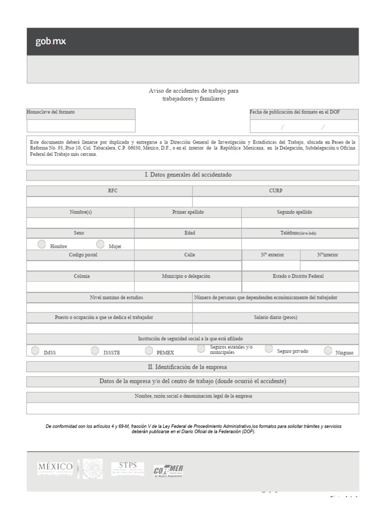 STPS Formato de Aviso de Accidentes de Trabajo para Trabajadores y ...