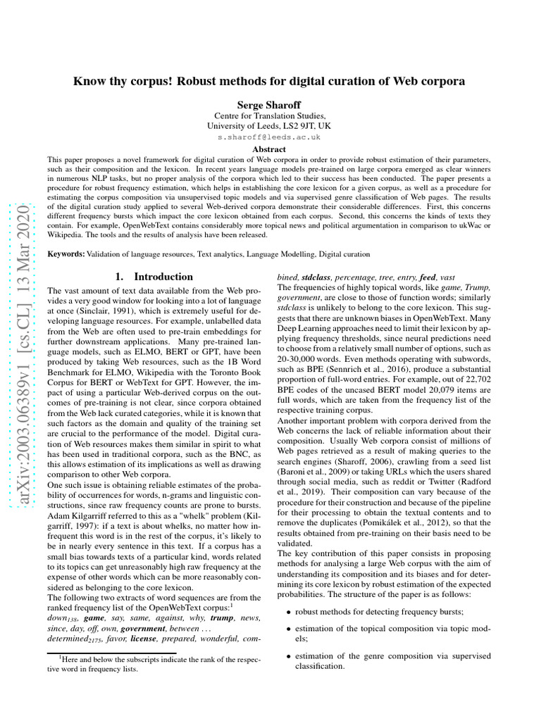 Know Thy Corpus! Robust Methods For Digital Curation of Web Corpora | PDF | Median | Robust ...