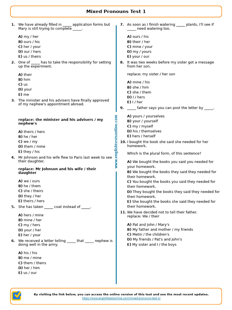 Mixed Pronouns Exercise Test | PDF