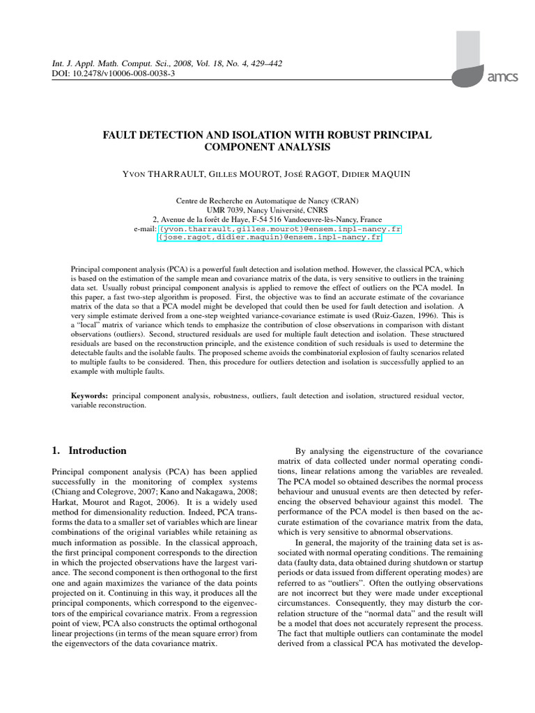 Fault Detection And Isolation With Robust Principal Pca Pdf Principal Component Analysis 