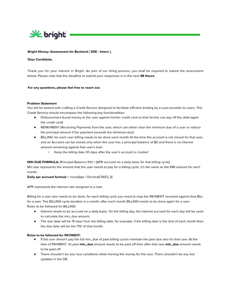 Bright - Backend - Engineer - Intern - Assignment - Backend | PDF | Interest | Loans