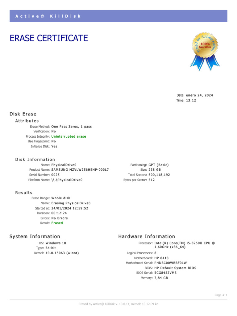 Disk Erase Certificate Report | PDF | Bios | System Software