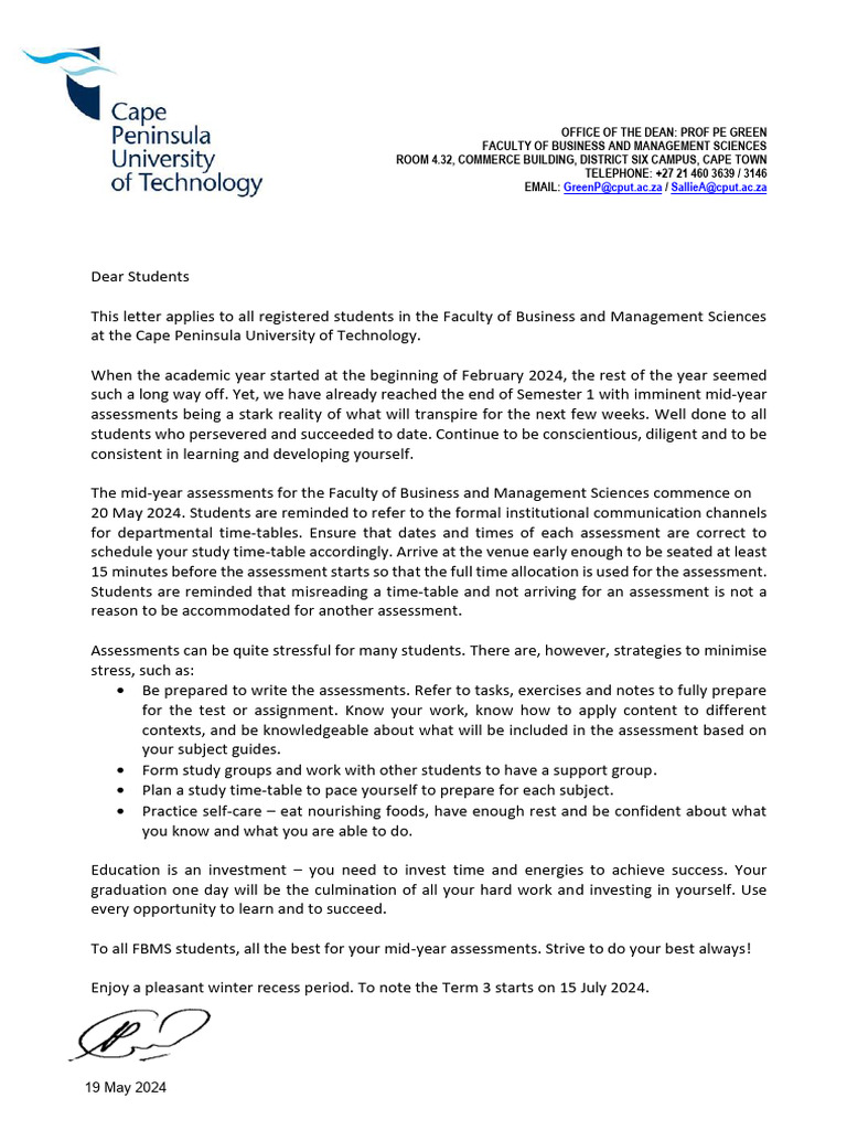 FBMS Letter To Students - 19 May 2024 | PDF | Behavior Modification ...