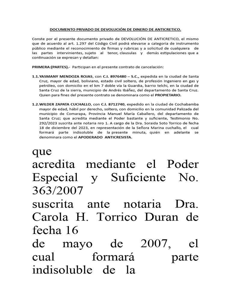 Documento Privado de Devolución de Dinero de Anticretico | PDF | Derecho