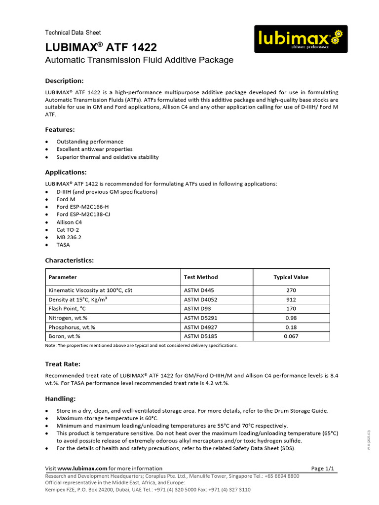 Lubimax Atf 1422 - Tds - V1 | PDF | Materials | Chemical Substances
