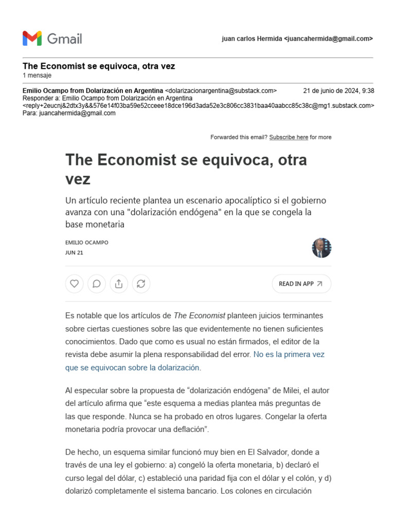 Emilio Ocampo. The Economist Se Equivoca, Otra Vez - Gmail - 2024 | PDF ...
