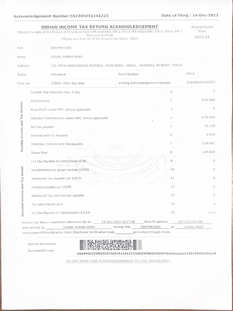 Sushil Modi FY 22-23 ITR | PDF