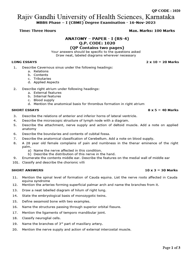 MBBS - 1020 - Anatomy - TP1 (November-2023) - February-2023 (Oct-23) | PDF | Vein ...