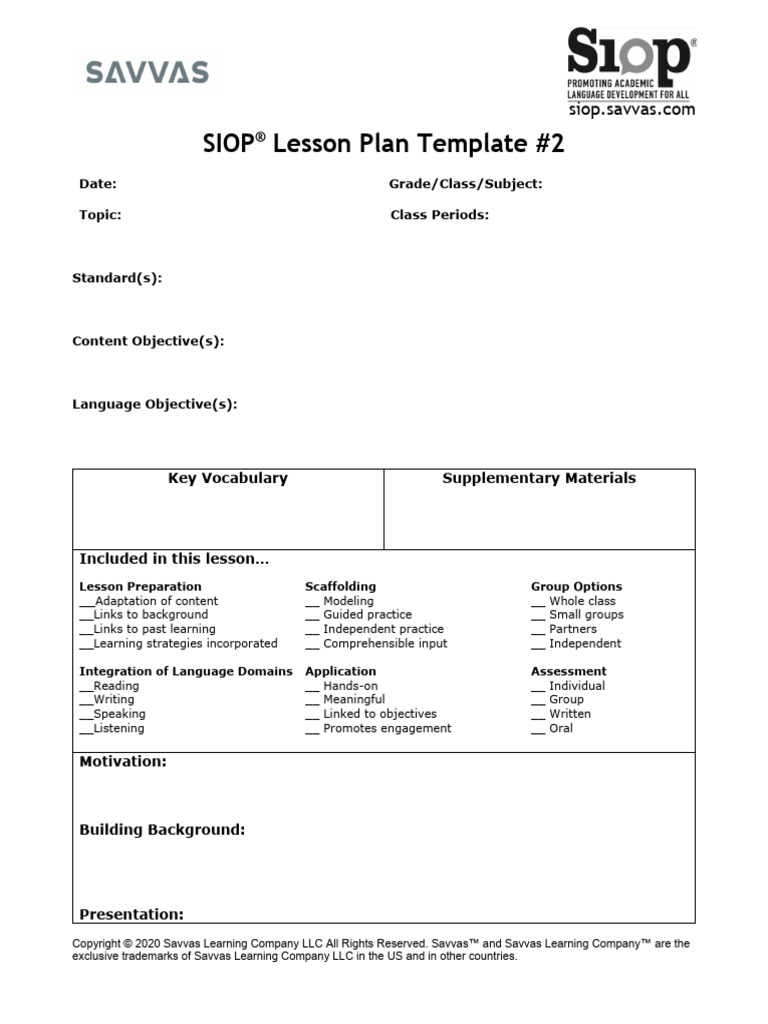 2-SIOP Lesson Plan Template - 2020 | PDF | Lesson Plan | Behavior ...