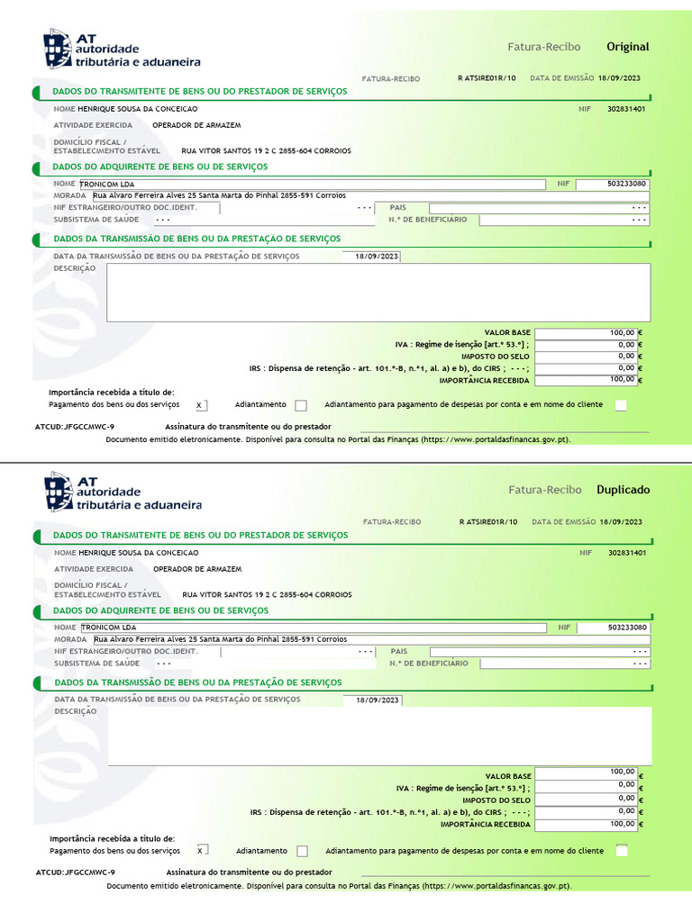 Recibo-Verde-Set-2023 | PDF | Imposto sobre Valor Agregado (IVA) | Comércio