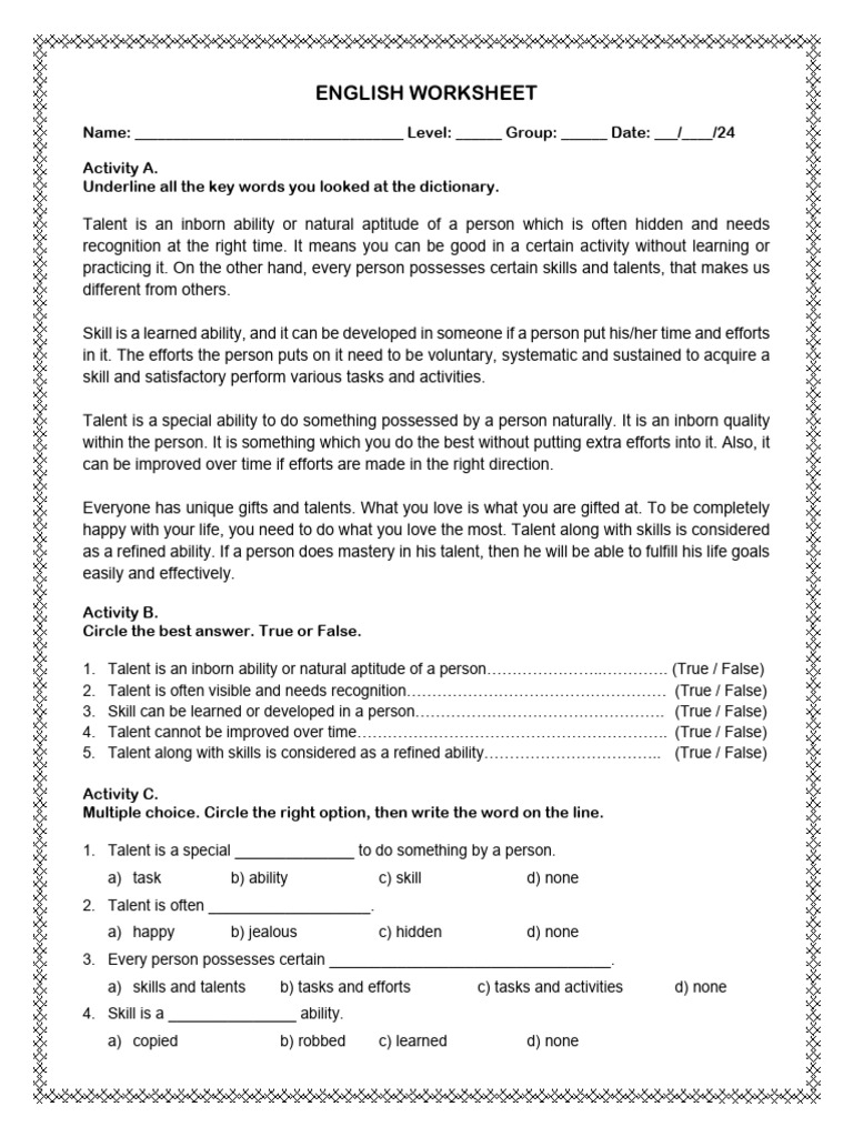 English Worksheet CHTR | PDF | Learning | Cognition