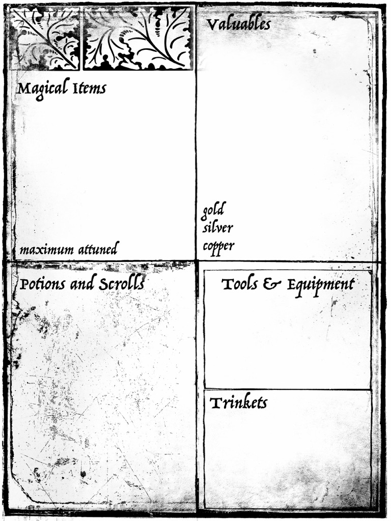 Character Sheet Black Printable Inventory | PDF