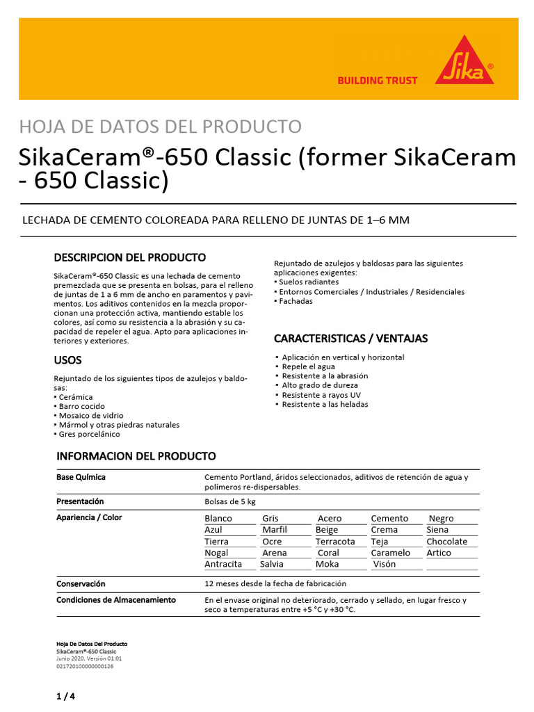 SikaCeram®-650 Classic: Hoja de Datos | PDF | Loseta | Cemento