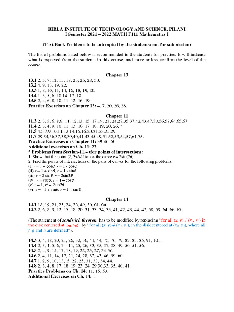 BITS Pilani Math I Practice Problems | PDF | Mathematics | Geometry