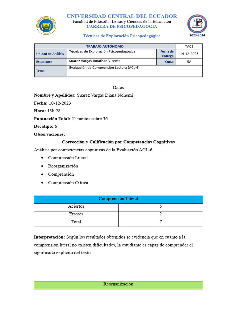 INTERPRETACIÓN ACL 6 | PDF | Comprensión lectora | Comprensión