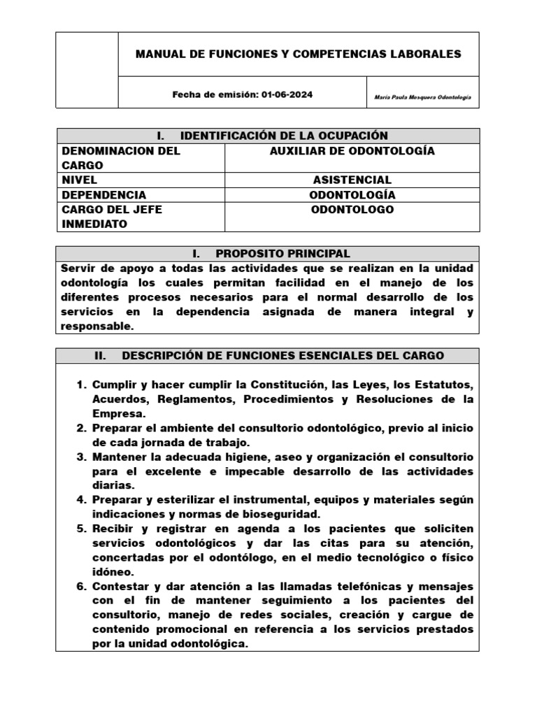 Manual de Funciones y Competencias (Aux Odontologia) | PDF | Business