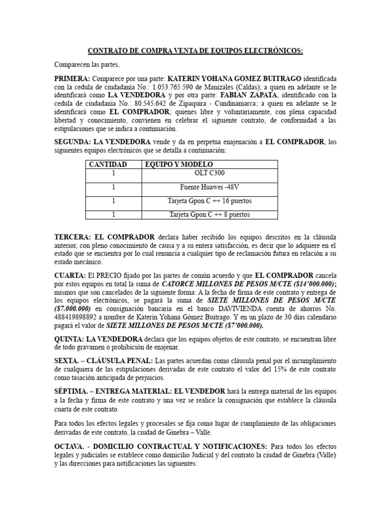 CONTRATO DE COMPRA VENTA DE EQUIPOS ELECTRÓNICOS | PDF