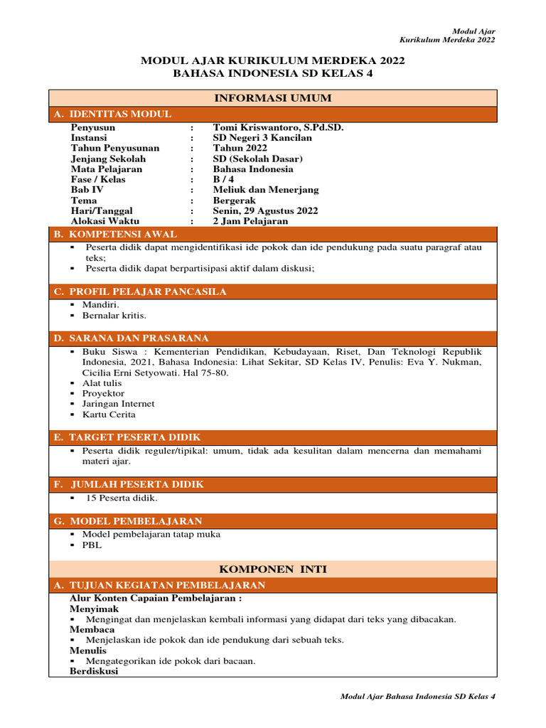 MODUL AJAR KURIKULUM MERDEKA 2022 - BAHASA INDONESIA FASE B KELAS 4 BAB ...