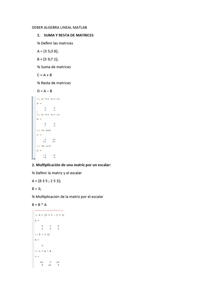 Deber Algebra Lineal Matlab | PDF | Determinante | Matriz (Matemáticas)