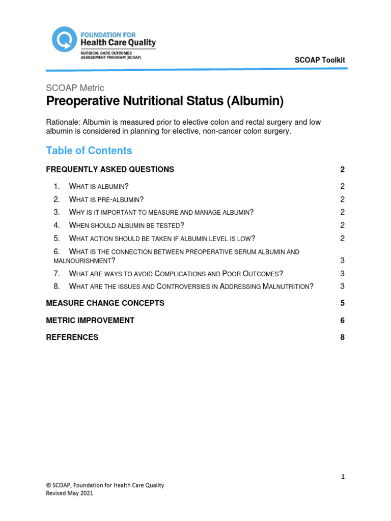 SCOAP Toolkit Albumin FINAL | PDF | Malnutrition | Surgery