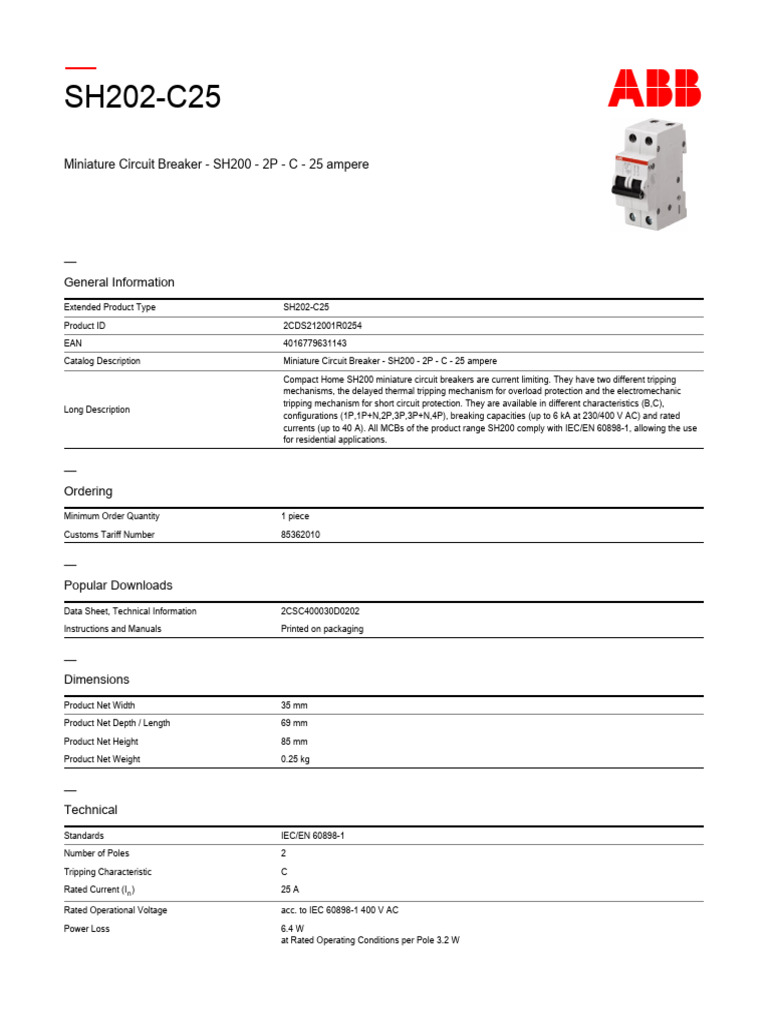 Technical Data Sheet SH202-C25 | PDF | Electrical Engineering | Electricity
