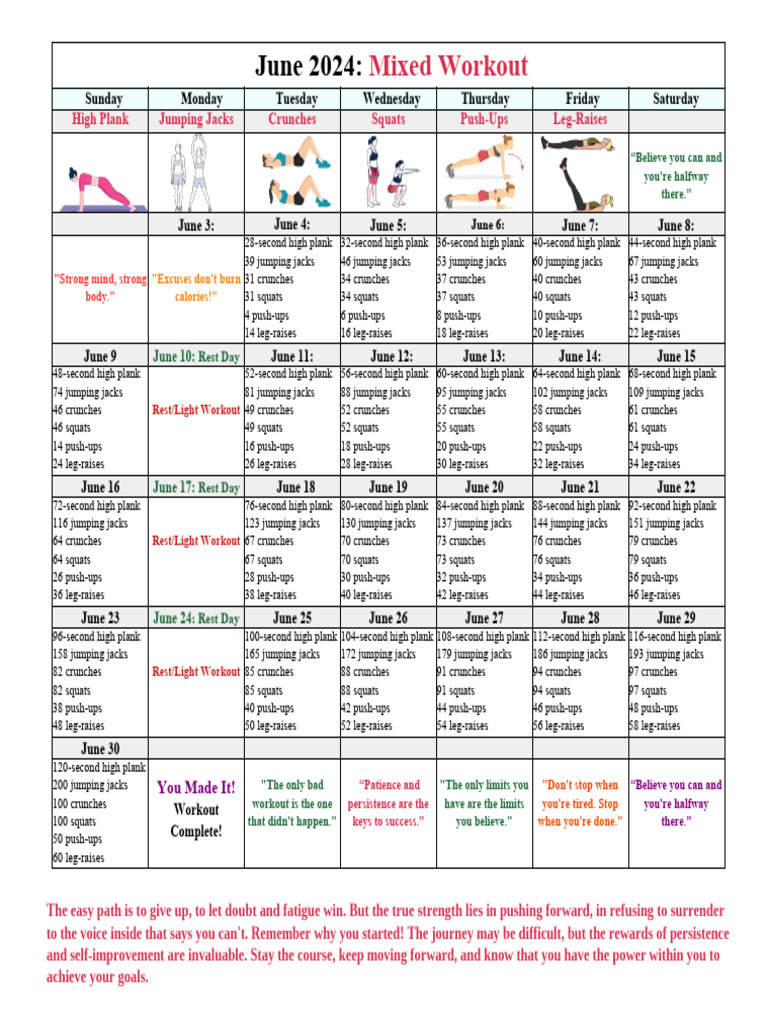 June 2024 Mixed Workout Plan | PDF | Physical Fitness | Physical Exercise