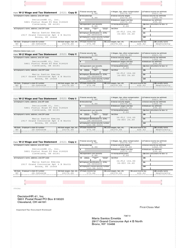 W2Form 2021 Santos Emelda Maria 4 | Download Free PDF | Irs Tax Forms | Social Security (United ...