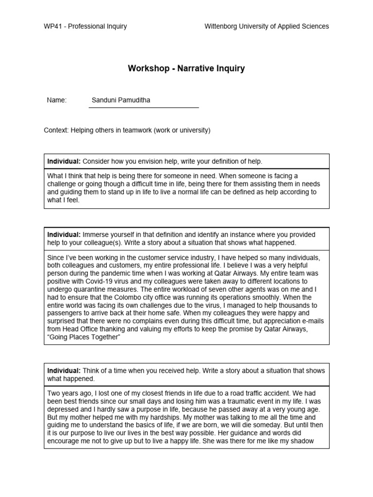 Workshop - Narrative Inquiry - S1159615 | PDF | Psychology | Social ...