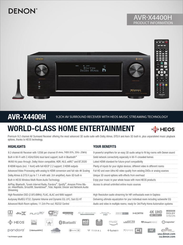 AVR-X4400H AV Receiver Information Sheet | PDF | Hdmi | Computer Engineering