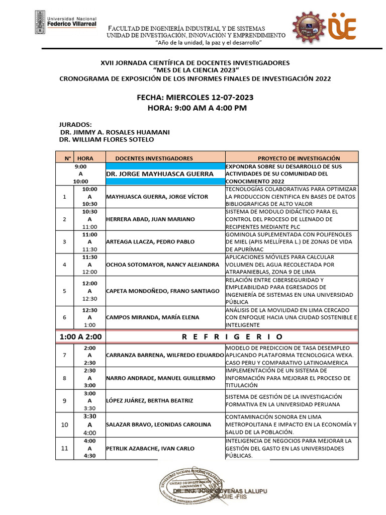 Cronograma Jornada 2023-Fiis-Icgi-Vrin Semana de La Ciencia | PDF | Perú | Ingeniería