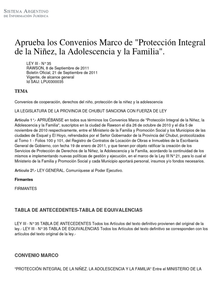 Aprueba los Convenios Marco de _Protección Integral de la Niñez, la Adolescencia y la Familia ...